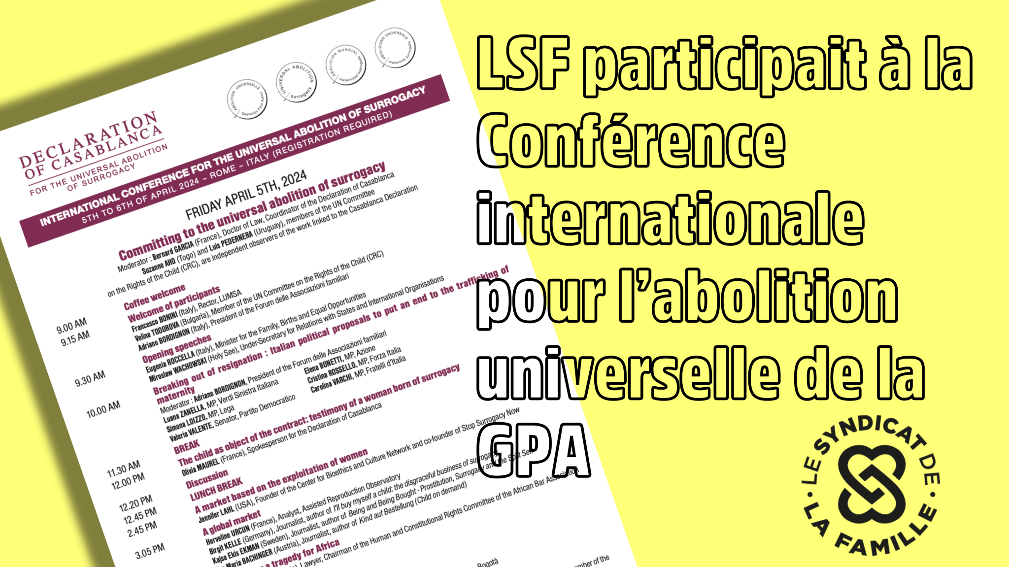 Rome - Conférence internationale pour l'abolition universelle de la GPA - Le Syndicat de la Famille